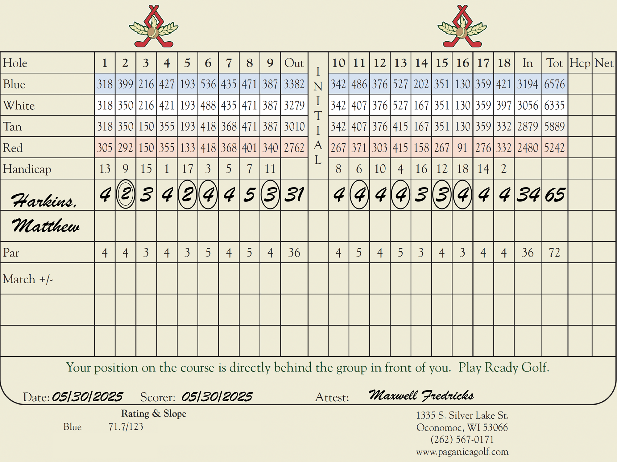 Matthew Harkins shot a 65 from the blue tee's on May 30, 2025.